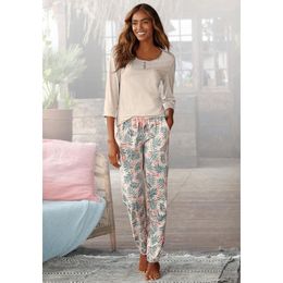 Lascana Damen Lascana Pyjama Set, 2 tlg. mit gemusterter Hose beige 32/34