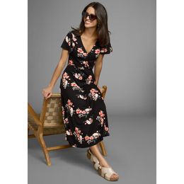 Laura Scott Damen Sommerkleid mit romantischem Blumendruck und Raffung, Midikleid schwarz 36, N-Gr