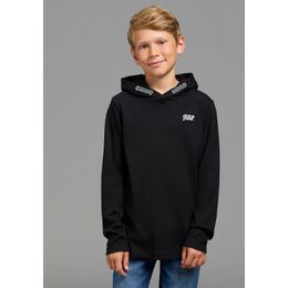 H.I.S. H.I.S Jungen Kapuzenshirt &raquo;Shirt mit gro&szlig;er Stickerei auf der Kapuze&laquo; Logo, h&uuml;ftlange Basic-Passform, Langarm-Design, modischer Stil schwarz 176/182