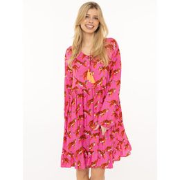 Zwillingsherz Damen Sommerkleid &raquo;"Trendy Tiger"&laquo; Ohne Taschen Tigermotiv, mit Tassel lange &Auml;rmel, figurumspielend L/XL, N-Gr
