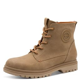 Tamaris Damen Schn&uuml;rboots , Blockabsatz, Schn&uuml;rstiefelette mit sch&ouml;nem Logo-Emblem beige 40