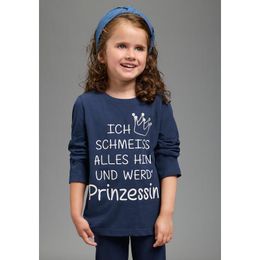 Kidsworld M&auml;dchen Kidsworld Langarmshirt &raquo;Ich schmeiss alles hin und werd ́ Prinzessin&laquo; lang&auml;rmlig, Basic-Passform, mit Glitzerdruck blau 104/110