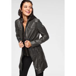 Mauritius Damen Ledermantel &raquo;Bente&laquo; 2-in-1-Lederjacke mit abnehmbarem Kapuzen-Inlay aus Jerseyqualit&auml;t grau XS/34 Trachtenmode