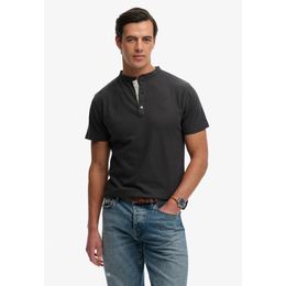 Superdry Herren T-Shirt &raquo;CLASSIC COTTON LIN SS GRANDAD&laquo; mit Markenlabel, aus Baumwolle und Leinen, in Single Jersey, Kurzarm schwarz L