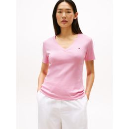 Tommy Hilfiger Damen T-Shirt &raquo;SLIM CODY V-NECK SHORT SLEEVE&laquo; aus Baumwolle, Logostickerei, gestreift rosa M (38)
