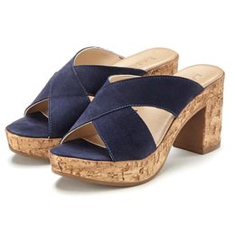 Lascana Damen Lascana Pantolette &raquo;Sommerschuh, offener Schuh, Sandalette, Mule,&laquo; aus Leder mit Blockabsatz in Kork-Optik blau 36