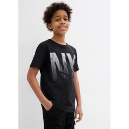 bonprix Jungen bonprix T-Shirt aus reiner Baumwolle, mit gro&szlig;em Frontdruck, Kurzarm-Design schwarz 128/134