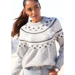 Lascana Norwegerpullover aus weichem Strick, Weihnachtspullover, Strickpullover mit Wintermotiv grau 44/46 Norwegerpullover