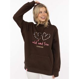 Zwillingsherz Damen Hoodie &raquo;"FOREVER wild"&laquo;, zwei gestickte Herzmotive, Leo-Design, Kapuze, K&auml;ngurutasche braun S/M