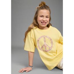 Kidsworld M&auml;dchen Kidsworld T-Shirt &raquo;T-Shirt Peacezeichen-Druck&laquo; l&auml;ssige Passform, Kurzarm, mit Rundhalsausschnitt, aus Baumwolle gelb 164/170
