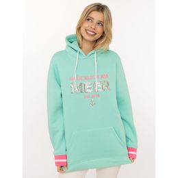 Zwillingsherz Damen Hoodie &raquo;"Gl&uuml;cklich am Meer"&laquo;, mit Pailletten, Kapuze und kontrastfarbigen B&uuml;ndchen gr&uuml;n L/XL
