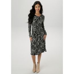 Aniston Selected Damen Aniston SELECTED Jerseykleid im grafischen Musterdessin und gerafftem Taillenbund schwarz 46, N-Gr