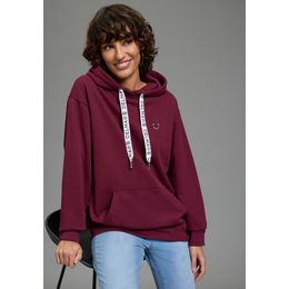 Delmao Damen DELMAO Kapuzensweatshirt, Weiche Baumwollmischung mit K&auml;ngurutasche und bedruckter Kordel rot 40/42
