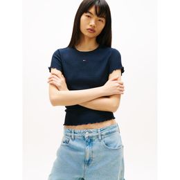 Tommy Jeans Damen Kurzarmshirt &raquo;TJW SLIM SMOCK SS TEE&laquo; aus Seersucker, mit Kr&auml;uselsaum L (40)