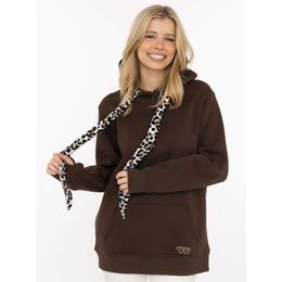 Zwillingsherz Damen Hoodie &raquo;"Leo Schleife"&laquo;, unifarben, Leomuster-Band an Kapuze vielseitig bind bar, K&auml;ngurutasche braun S/M