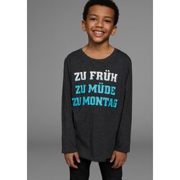 Kidsworld Jungen Kidsworld Langarmshirt &raquo;ZU FR&Uuml;H, ZU M&Uuml;DE, ZU MONTAG&laquo; Langarm, Basic-Passform, mit stylischem Druck, Rundhalsausschnitt grau 140/146