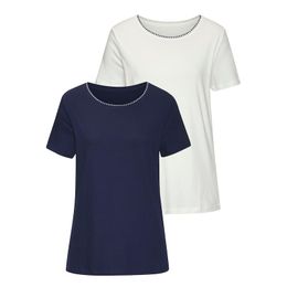 Vivance Damen T-Shirt &raquo;mit modischer Kontraststickerei&laquo; Packung, 2er-Pack, aus weicher Baumwoll-Qualit&auml;t blau 32/34