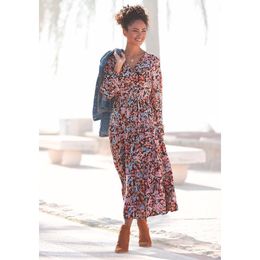 Lascana Damen Lascana Maxikleid &raquo;mit Bl&uuml;mchenprint und V-Ausschnitt aus Viskose, locker bequemer Look&laquo; Ohne Taschen Lang&auml;rmliges Webkleid, Sommerkleid