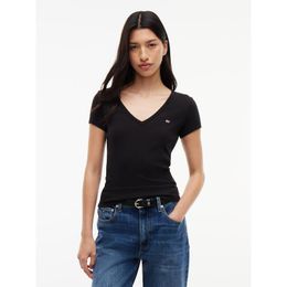 Tommy Jeans Damen Kurzarmshirt &raquo;TJW SLIM ESSENTIAL RIB V SHORT SLEEVE&laquo; mit gerippter Struktur, V-Ausschnitt, Slim Fit schwarz XS (34)