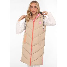 Zwillingsherz Damen Steppweste &raquo;"Wild at Heart"&laquo; mit Leo Details, Print, Kapuze, Rei&szlig;verschluss und Taschen beige M