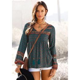Buffalo Damen Schlupfbluse mit Ethnodruck und Zierperlen, Boho-Style, Langarmbluse blau 44