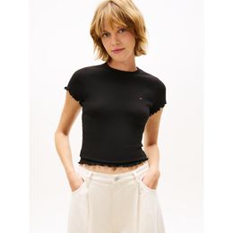 Tommy Jeans Damen T-Shirt &raquo;TJW SLIM LETTUCE EDGE RIB SS&laquo; mit gerippter Struktur schwarz L (40)