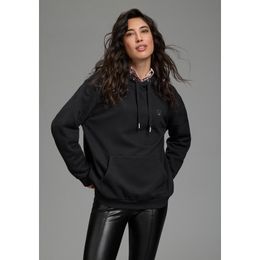 Delmao Damen DELMAO Kapuzensweatshirt, Weiche Baumwollmischung mit K&auml;ngurutasche & Kapuze schwarz 44/46