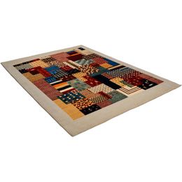 Theko Wollteppich &raquo;Lori Astara 1425, handgekn&uuml;pft&laquo; rechteckig 16 mm H&ouml;he reine Wolle, Patchwork Design, mit Bord&uuml;re, Wohnzimmer & Schlafzimmer beige 