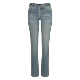 Arizona Damen Gerade Jeans &raquo;Kontrastn&auml;hte&laquo; niedrige Leibh&ouml;he, in 5-Pocket-Form, Used-Look-Waschung blau 38, N-Gr