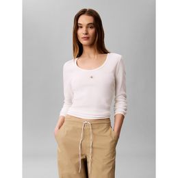 Calvin Klein Jeans Damen Langarmshirt &raquo;LS WOVEN LABEL 2X2 RIB SCOOP NEC&laquo; Mit Rundhalsausschnitt, regular fit wei&szlig; M