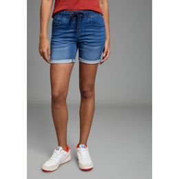 Arizona Damen Jeansshorts figurnah, normale Leibh&ouml;he, mit Bindeb&auml;ndern am Bund 34, N-Gr