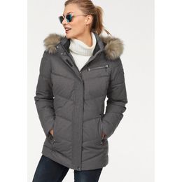 Polarino Damen Steppjacke mit Kapuze mit abnehmbarer Kapuze, mit Fellimitat, viele Taschen grau 40