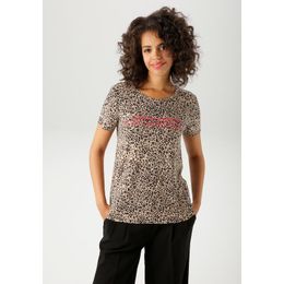 Aniston Casual Damen Aniston CASUAL T-Shirt im Leo-Print mit Statement-Schriftzug schwarz 36