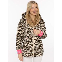 Zwillingsherz Damen Kapuzensweatjacke &raquo;"WILD WILD"&laquo; Leomuster, Kapuze mit Kordel, B&uuml;ndchen mit WILD Print, Zipper beige L/XL