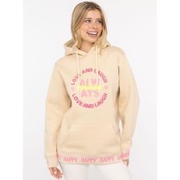 Zwillingsherz Damen Hoodie &raquo;"Always Positive"&laquo;, Kapuze, Stickerei, Fronttasche, B&uuml;ndchen-Schriftzug, Langarm beige S/M