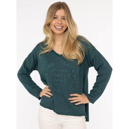 Zwillingsherz Damen Sweatshirt &raquo;"Positive Mind"&laquo;, ausgefranster V-Ausschnitt, Used Look, Langarm, Schriftzug blau S/M