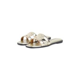 Tommy Hilfiger Damen Pantolette &raquo;TH LOGO STRAP MULE GOLD&laquo; Sommerschuh, Schl&uuml;pfschuh, Flat mit Logo als Bandage gold 39