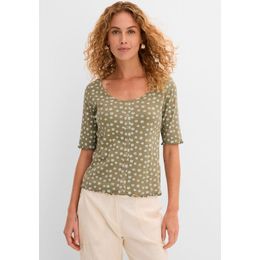 bonprix Damen bonprix T-Shirt &raquo;Ripp-Shirt mit Blumendruck, Halbarm&laquo; bequeme Passform, Halbarm-Design, mit Blumendruck, aus Baumwolle gr&uuml;n 44/46 (L)