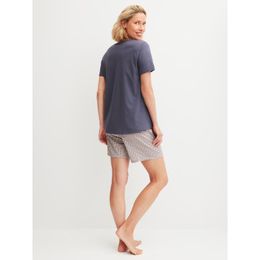Calida Damen Calida Shorty &raquo;Blooming Nights&laquo; 2 tlg. Hose gebl&uuml;mt, Oberteil uni, V-Ausschnitt, kurz&auml;rmelig grau XS (36/38)