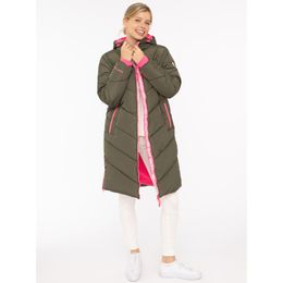 Zwillingsherz Damen Steppmantel &raquo;"Happy Vibes"&laquo; Print an Kapuze, farbigen Details und Zippern gr&uuml;n S