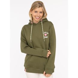 Zwillingsherz Damen Hoodie &raquo;"Wild at heart"&laquo;, Leo Kapuze und Stickerei, bedruckter Kordelzug, gestrickte B&uuml;ndchen gr&uuml;n L/XL