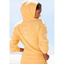 Buffalo Damen Hoodie, Kapuzensweatshirt mit gro&szlig;em R&uuml;ckenprint- mit Glanz-Effekt, Loungewear gelb 32/34