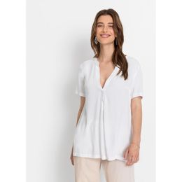 bonprix Damen bonprix Longtunika gerader Schnitt, mit kurzem Arm, mit Henleykragen, aus Viskose wei&szlig; 36