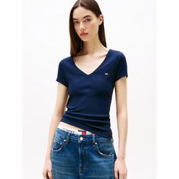 Tommy Jeans Damen Kurzarmshirt &raquo;TJW SLIM ESSENTIAL RIB V SHORT SLEEVE&laquo; mit gerippter Struktur, V-Ausschnitt, Slim Fit blau XL (42)