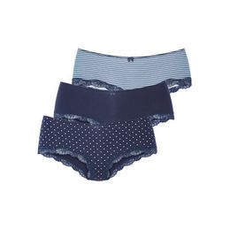 Lascana Damen Lascana Panty 3er-Pack, aus elastischer Baumwolle mit zarter Spitze blau 36/38