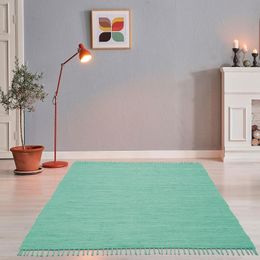 Theko Teppich &raquo;Happy Cotton Fleckerl, handgewebt&laquo; rechteckig 5 mm H&ouml;he Flachgewebe, reine Baumwolle, meliert, mit Fransen, auch als L&auml;ufer gr&uuml;n 