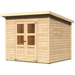 Konifera Gartenhaus &raquo;Akamaru 5&laquo; beige Massivholz Fu&szlig;boden im Gartenhaus, Dachfolie
