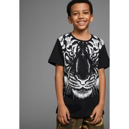 Kidsworld Jungen Kidsworld T-Shirt &raquo;Mit gro&szlig;em Druck: WHITE TIGER&laquo; Kurzarm, Basic-Passform, bedruckt, Rundhalsausschnitt schwarz 152/158