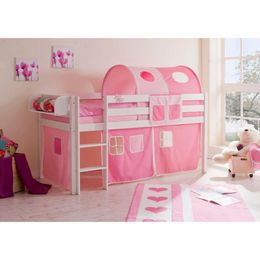 Ticaa Hochbett &raquo;Malte&laquo; mit Rollrost und in verschiedenen Ausf&uuml;hrungen wahlweise mit Matratze rosa Mit Vorhang, Tunnel und Tasche, Liegefl&auml;che B/L: 90cm x 