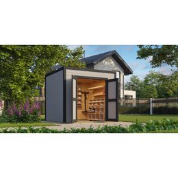 Nordic Holz Gartenhaus &raquo;Fynn 1,5&laquo; kleiner stilvoller Schuppen mit Flachdach grau Massivholz ohne Fu&szlig;boden, ohne Dacheindeckung